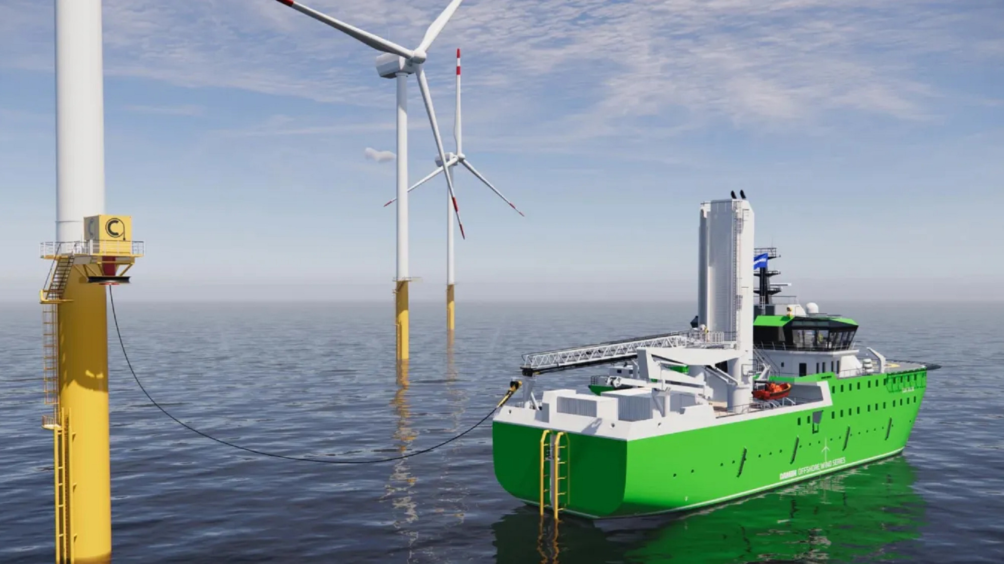 Elektrisch betriebenes Service-Schiff lädt sich mit Offshore-Windrädern auf